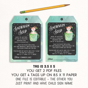 Snowman Soup, Printable Tags, Editable Tags, Holiday Hot Chocolate Gift ...