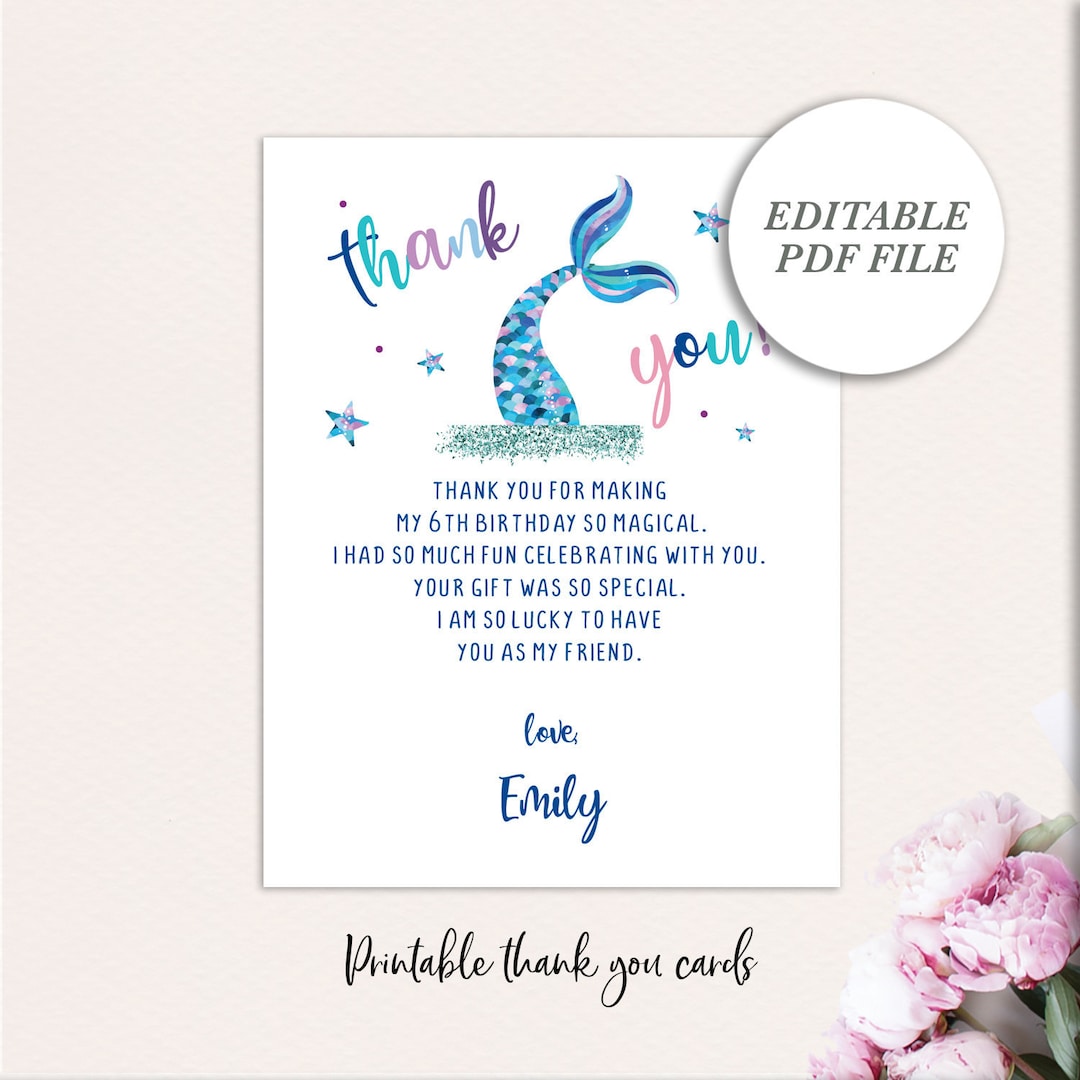 Mermaid Thank You Cards, Editable Thank You Cards, Instant Download ...
