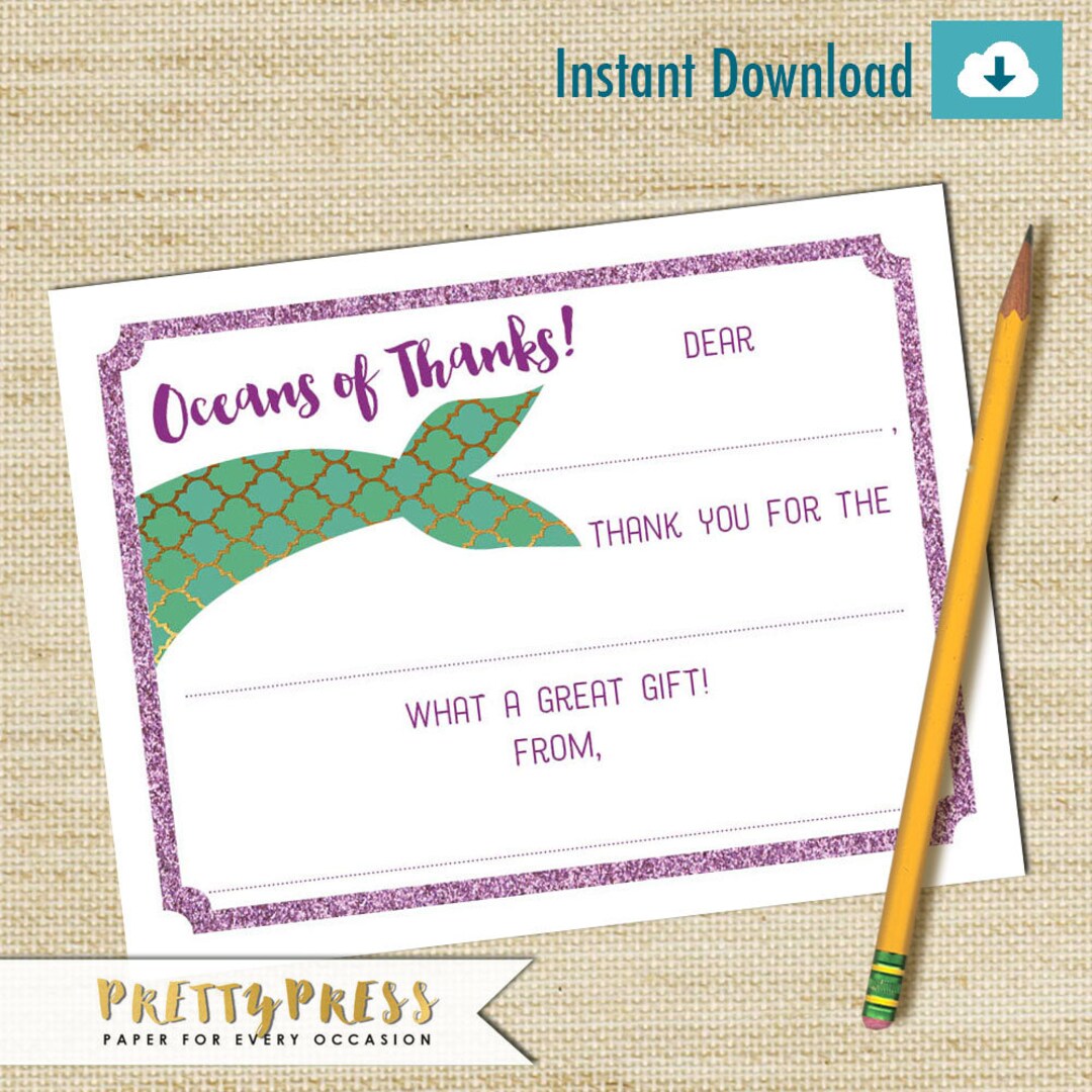Mermaid Thank You Cards, Instant Download, Kids Fill-in Thank You Card ...