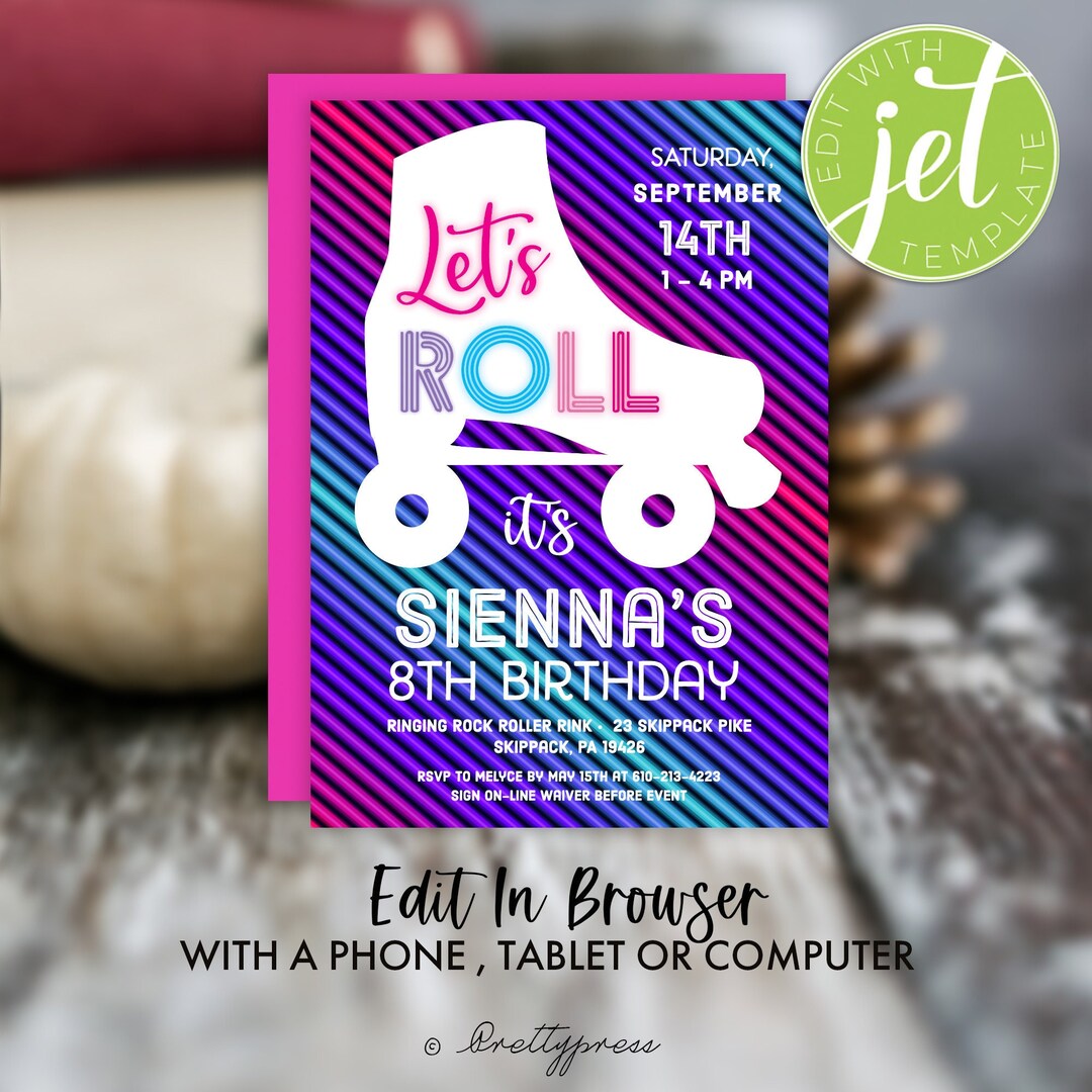 Girls Roller Skating Party Invitation Editable Roller Skating - Etsy