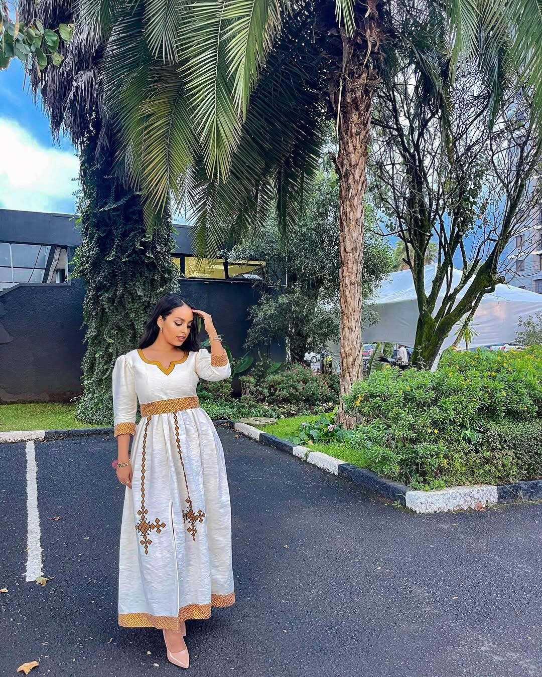 Modern Habesha Dress – Golden Telet Embroidery, Ethiopian Cotton Kemis ...