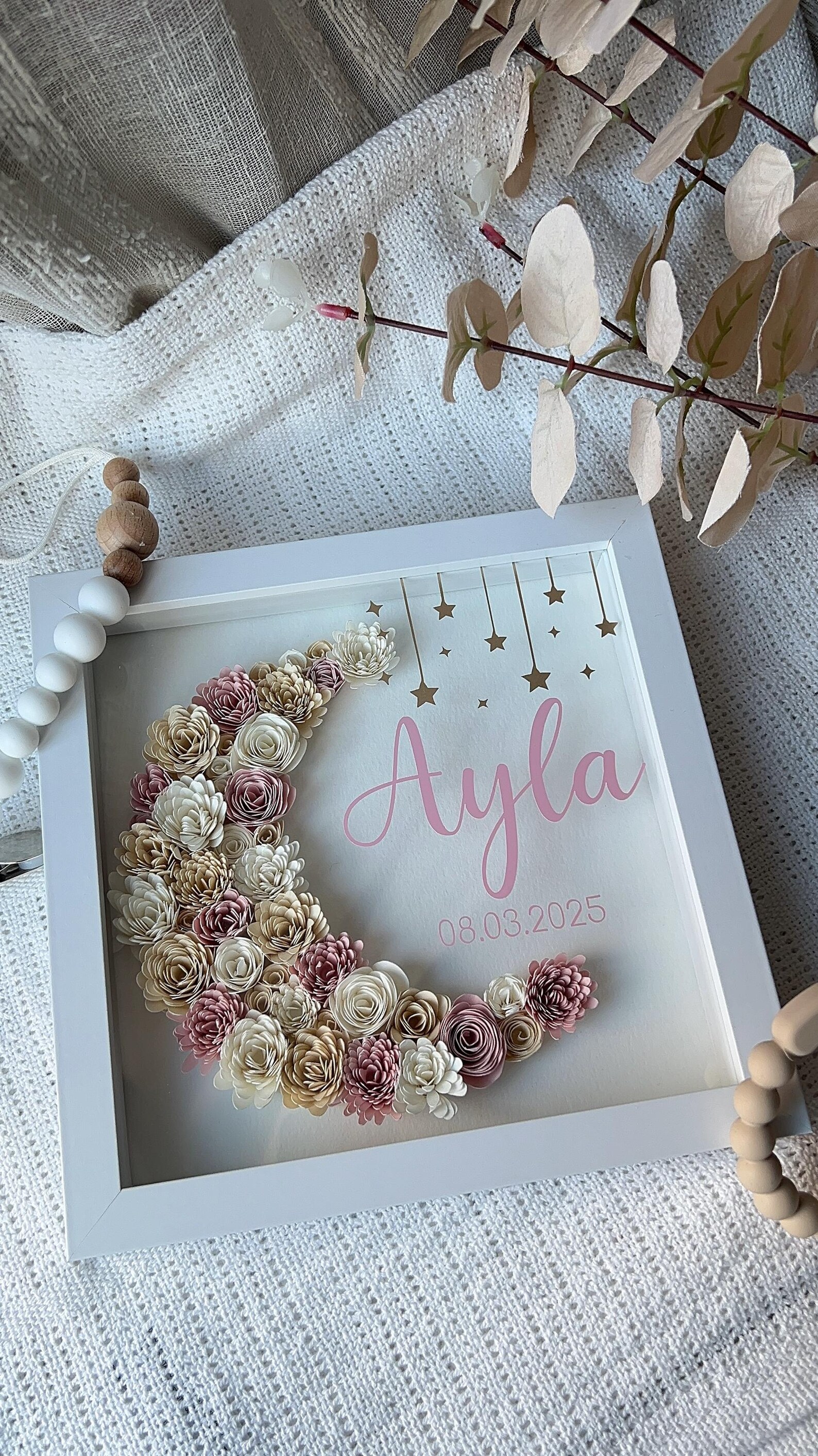 Moon & Stars Shadow Box Frame | Paper Flowers| Baby Room | Hand Rolled ...