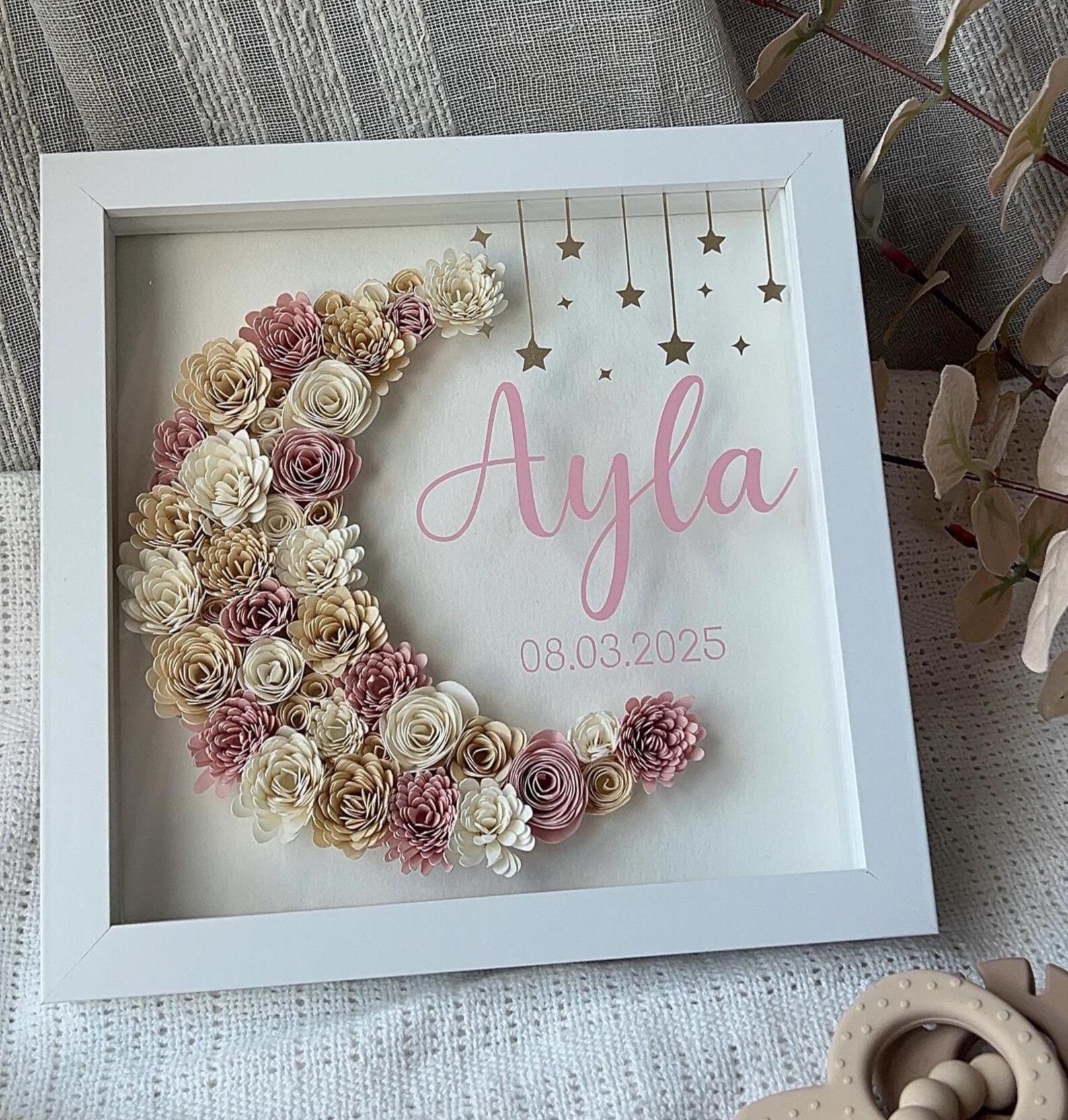 Moon & Stars Shadow Box Frame | Paper Flowers| Baby Room | Hand Rolled ...