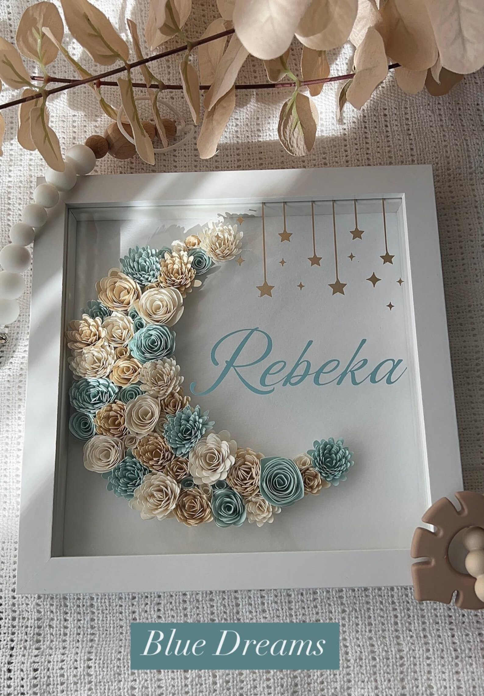 Moon & Stars Shadow Box Frame | Paper Flowers| Baby Room | Hand Rolled ...