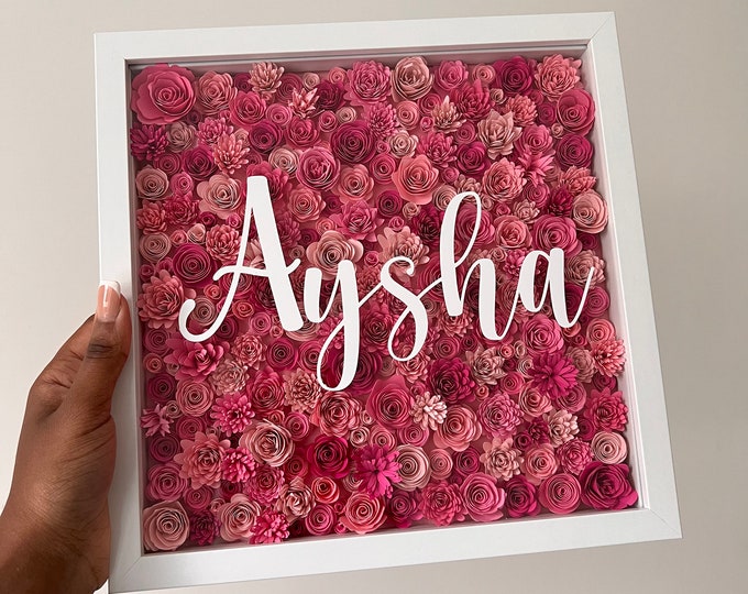 Personalised Name Shadow Box Frame | Shadow Box| Handmade Paper Flowers| Gift| Baby Shower ...