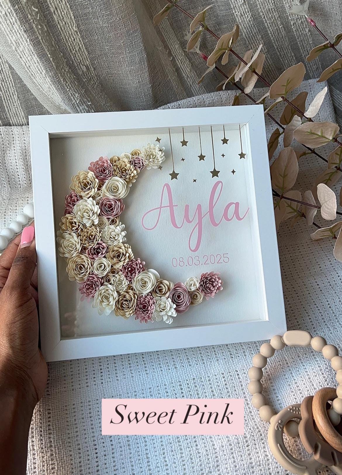 Moon and Stars Shadow Box Frame | Paper Flowers Frame | Baby Girl/boy Minimalistic Frame | Baby ...