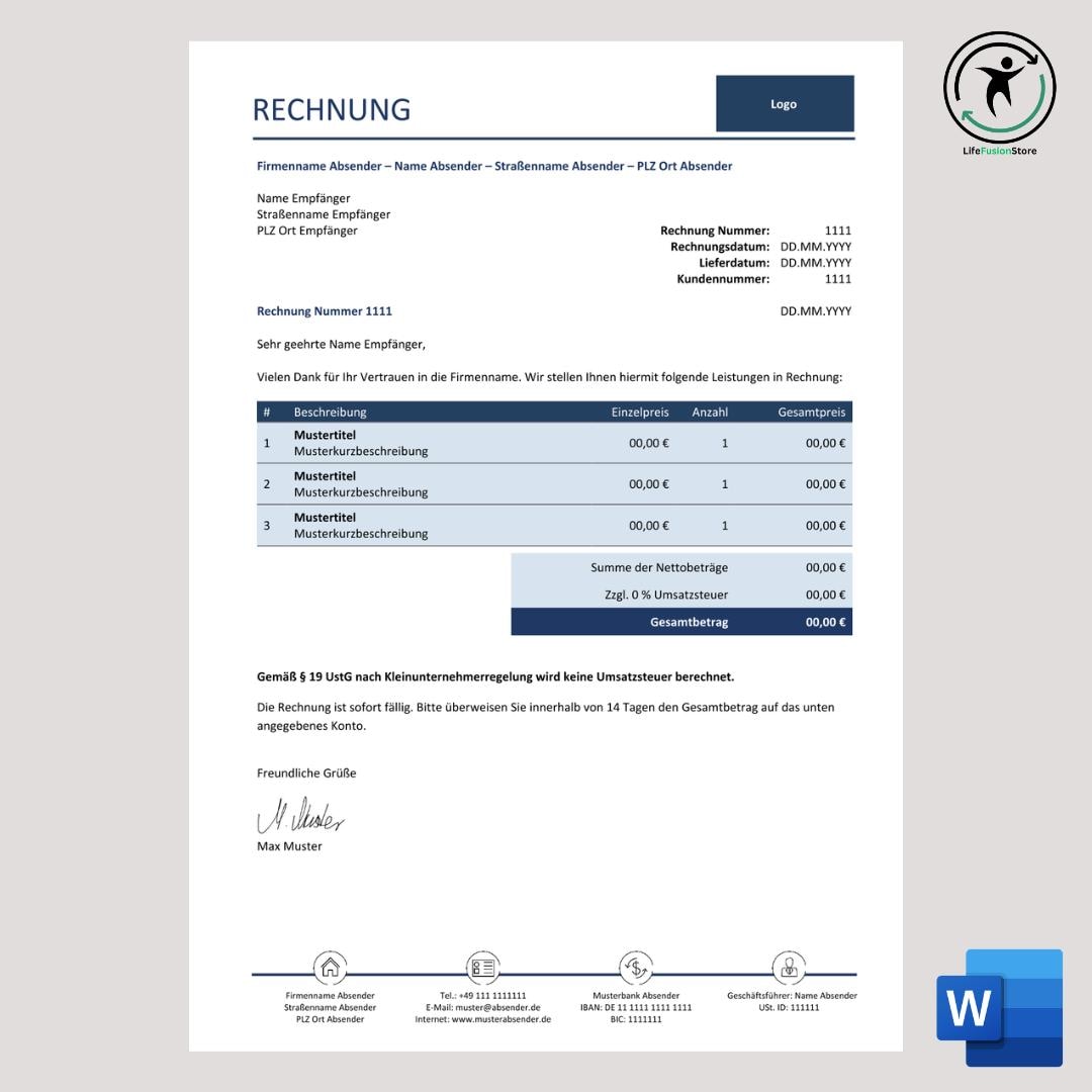 Rechnung Kleinunternehmer/Einzelunternehmer/Selbständiger/Freiberufler/Freelancer Vorlage als ...