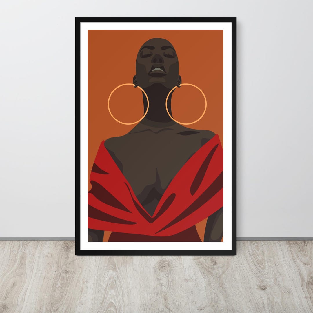 African Black Bald Baddie Gold Hoop Earrings Portrait Digital Painting ...