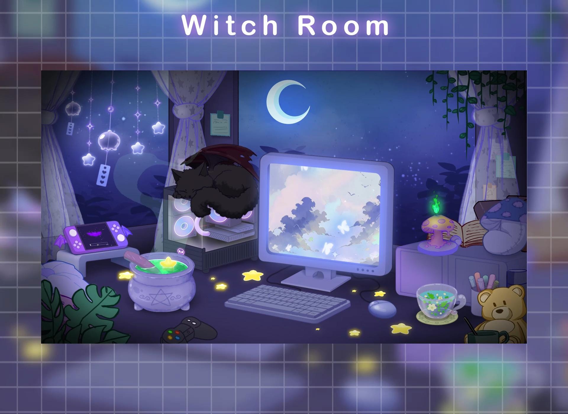Full Package Witch Room Lo-fi Desk Twitch Overlays / Lo-fi Witch Craft Loading Screens / Purple ...
