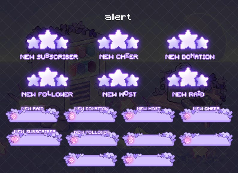 Full Package Animated Twitch Overlay : Pixel Purple Dream Sky With ...