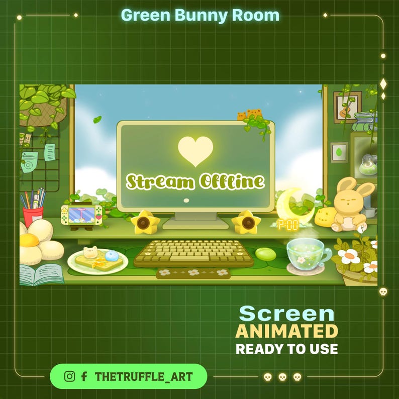 ANIMATED Twitch Overlay Stream Screen / Lo-fi Aesthetic Green PC Set up ...