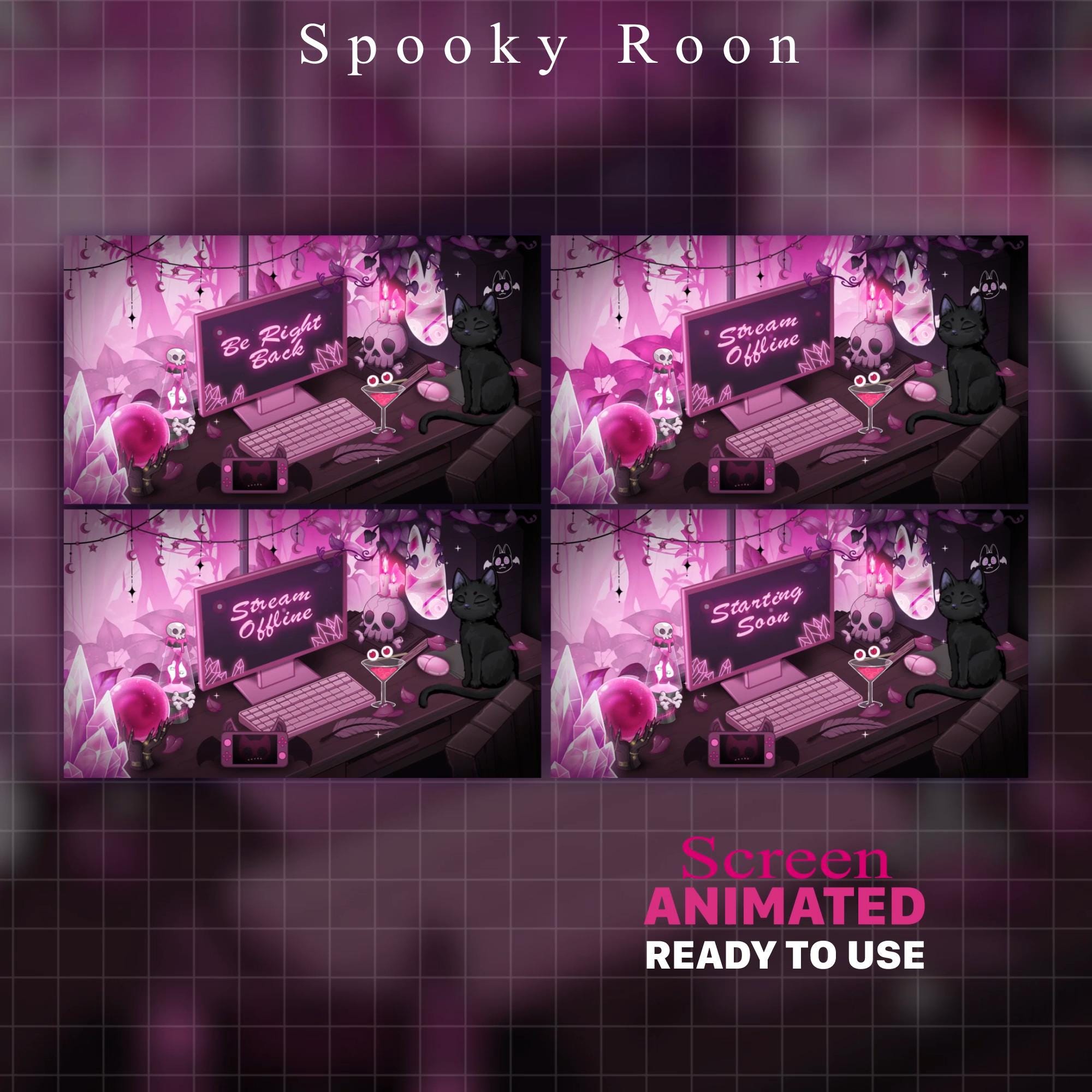 4 Animated Pink Spooky PC Stream Room With Black Cat Twitch Screen ...