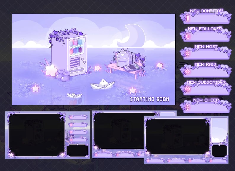 Full Package Animated Twitch Overlay : Pixel Purple Dream Sky With ...