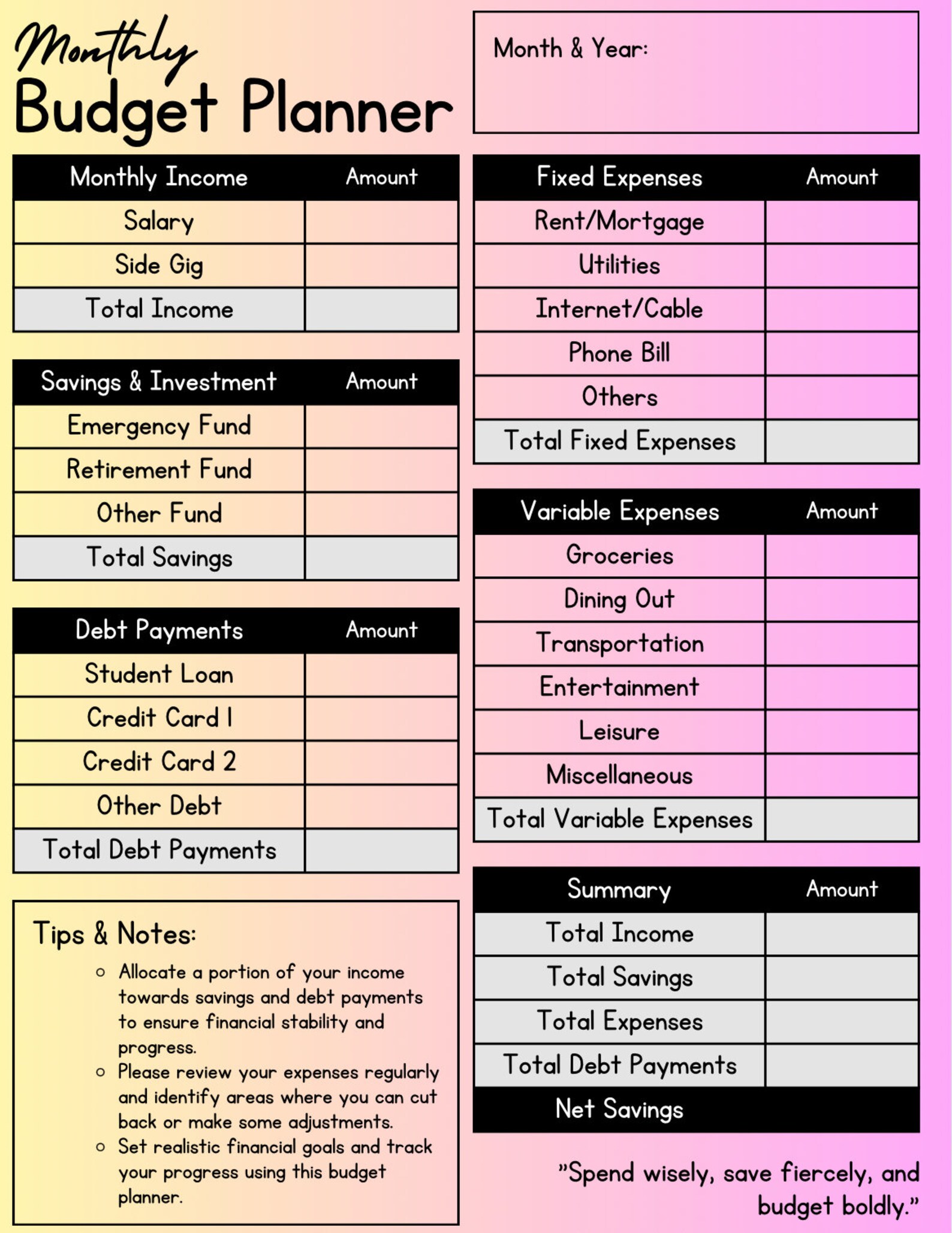 Digital Monthly Budget Planner - Etsy