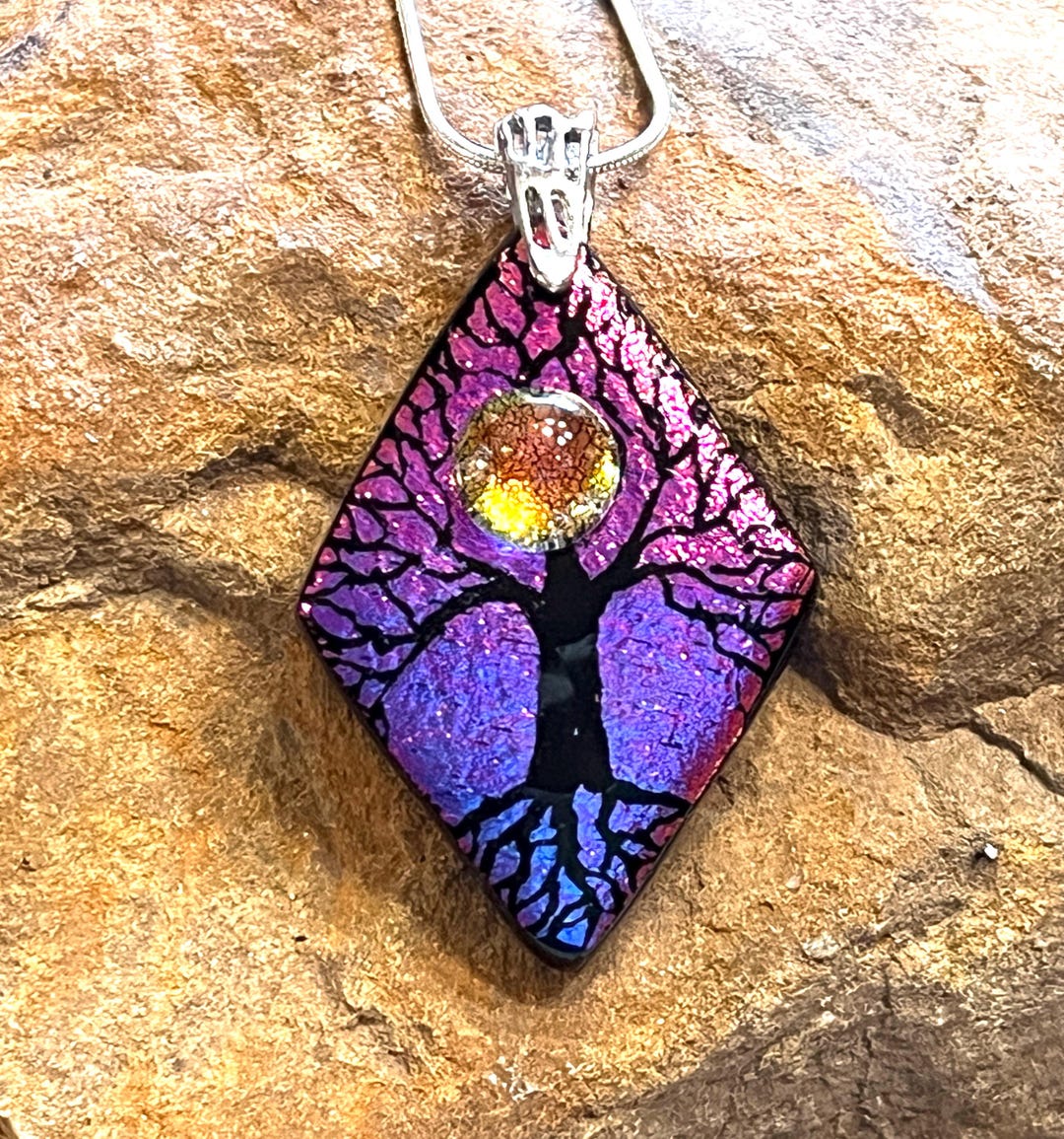 Pink and Purple Etched Tree of Life With Dichroic Moon Fused Dichroic ...