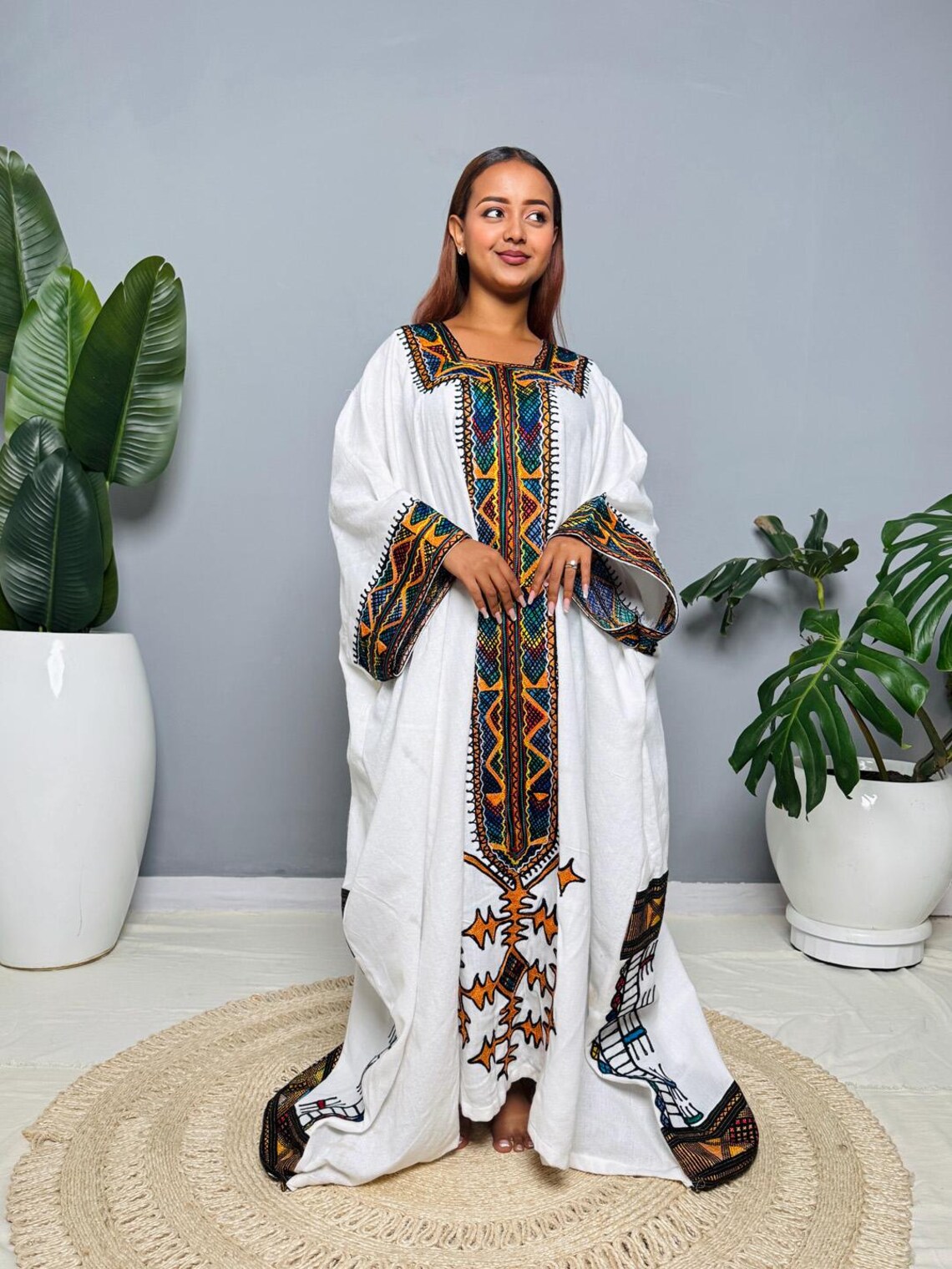 Traditional Ethiopian Habesha Kemis | White Cotton Dress | Orange Cross ...