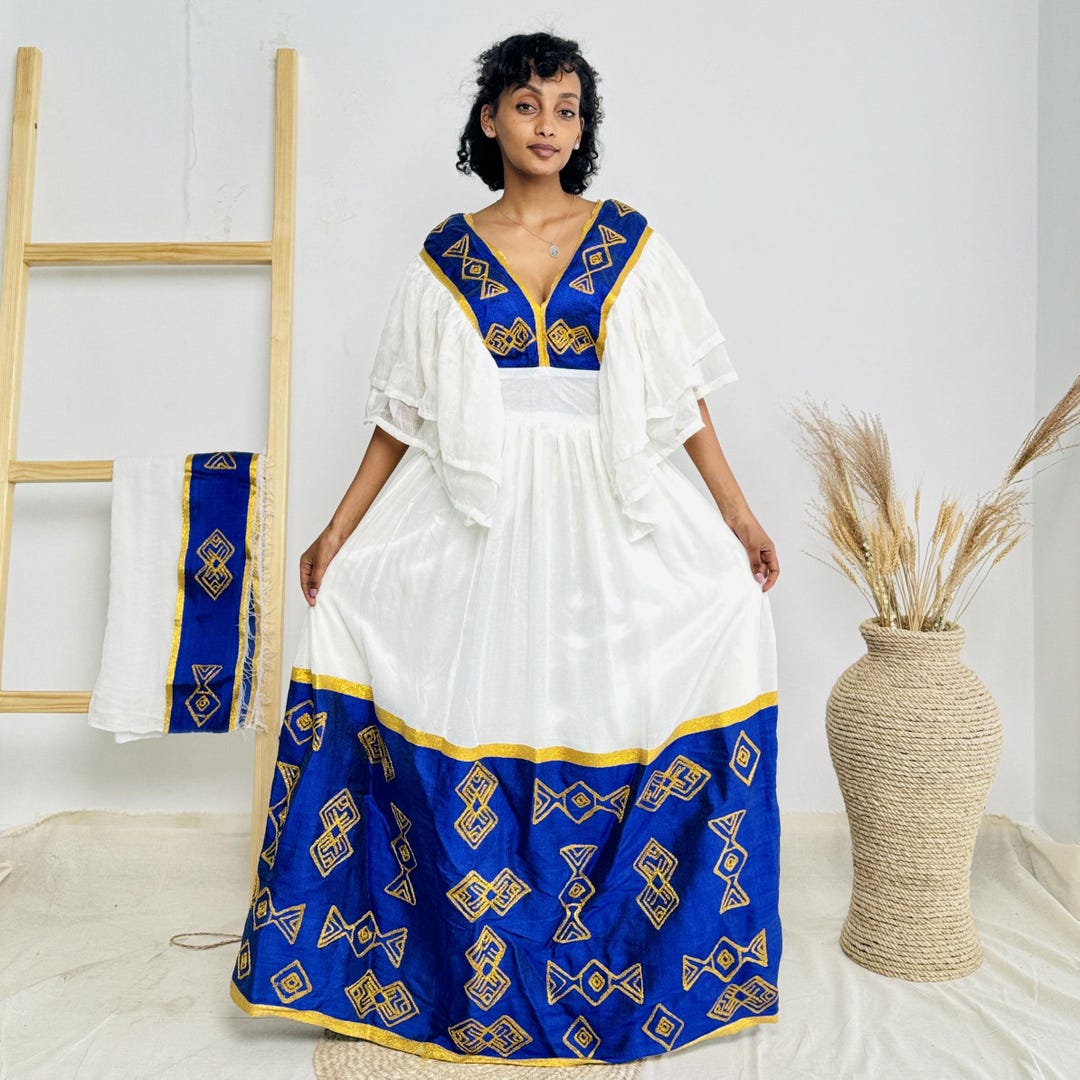 Dark Blue Habesha Dress With Unique Patterns Stylish Ethiopian Dress ...