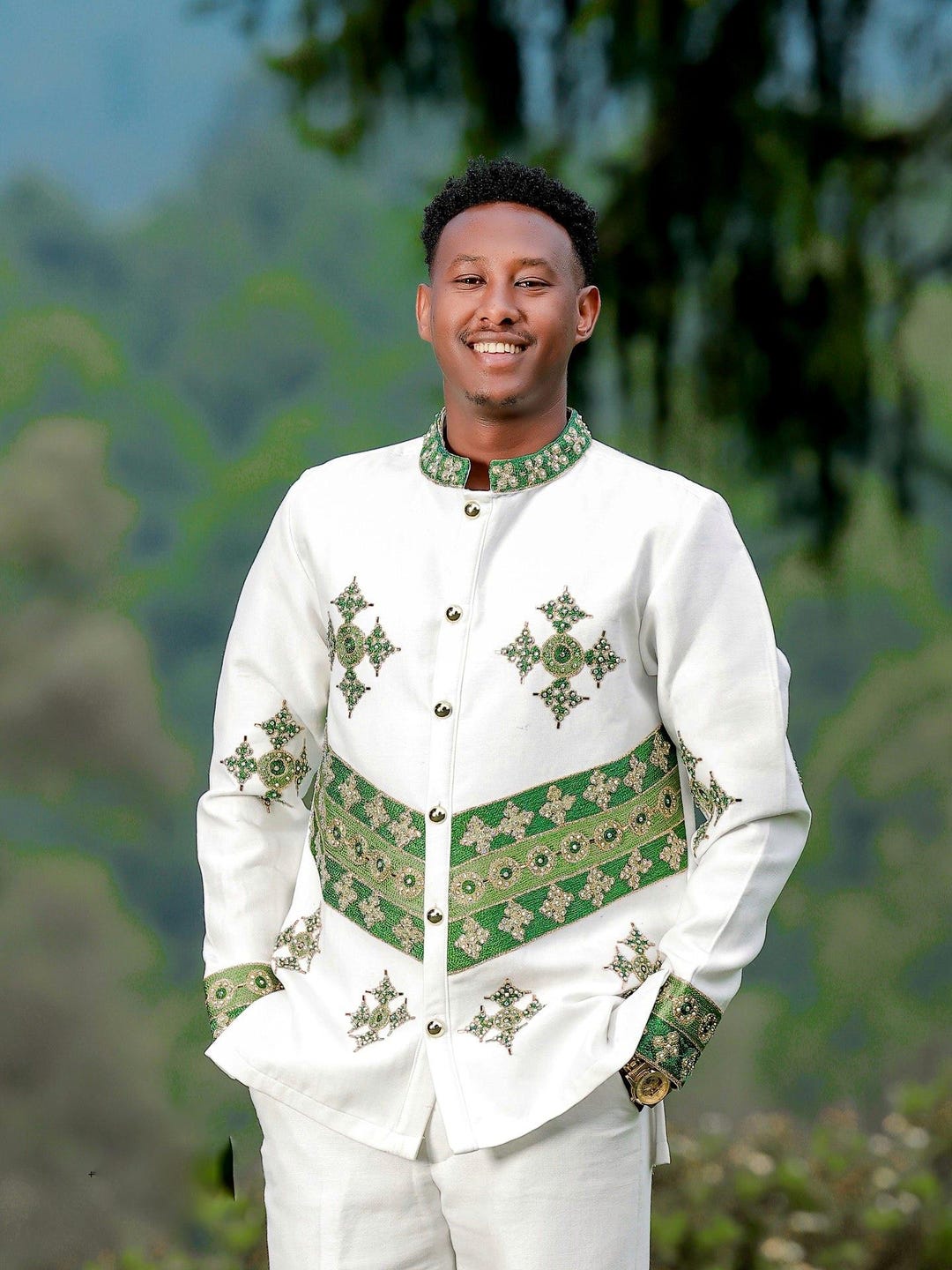 Biniyam Men’s Habesha Traditional Suit | Green Embroidery Ethiopian ...