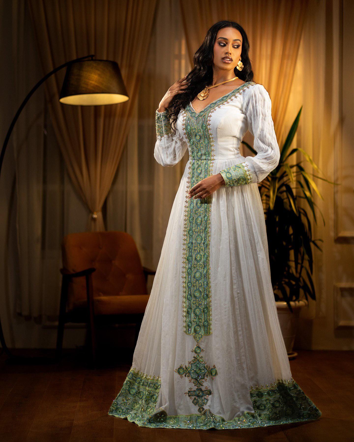 Tigist Green & Blue Shiny Ethiopian Dress | Embroidered Habesha Dress ...