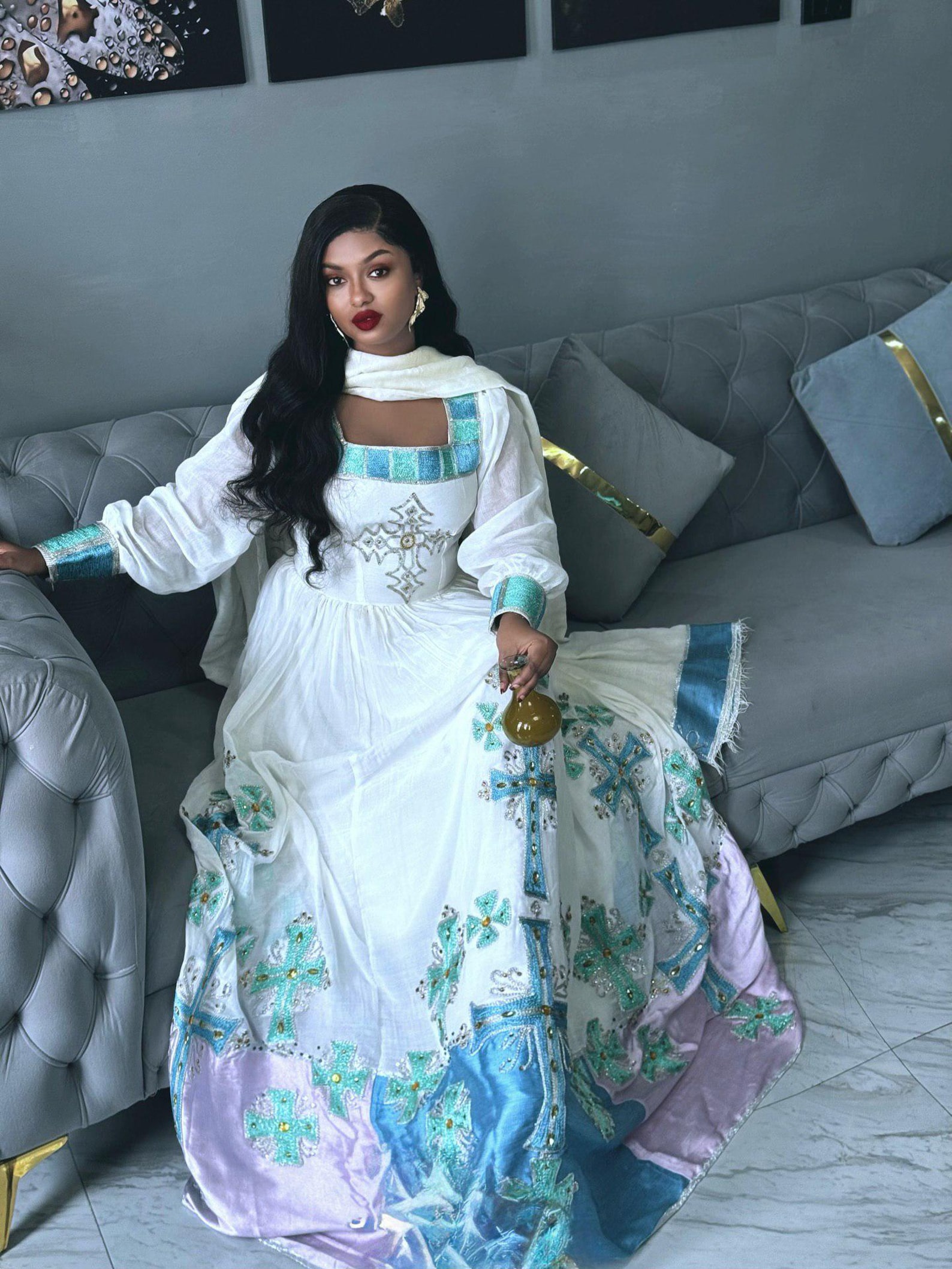 Tihun Turquoise & Lilac Embroidery Habesha Kemis | Habesha Dress Style ...