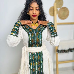 Traditional Ethiopian Habesha Dress | Handwoven Cotton | Green & Yellow Tibeb Embroidery ...