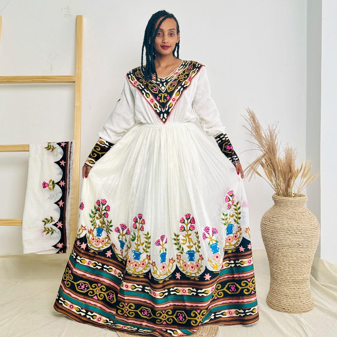 Elegant Dark Floral Habesha Dress Multi-colored Patterns Hab40 - Etsy