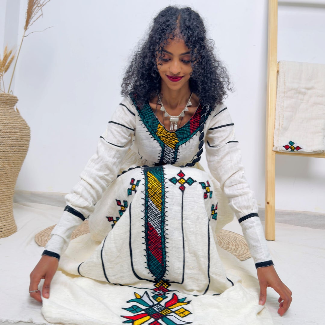 Vibrant Diamond Tibeb & Fan Motif Embroidery | Ethiopian Handwoven ...