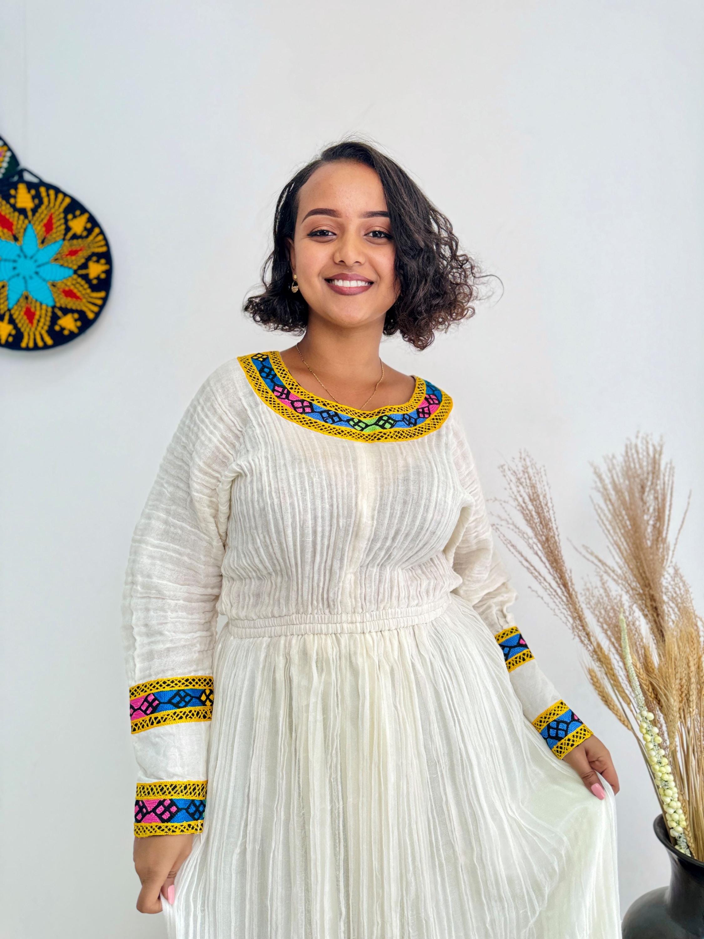 Handwoven Ethiopian Habesha Kemis | White Cotton Dress With Colorful ...