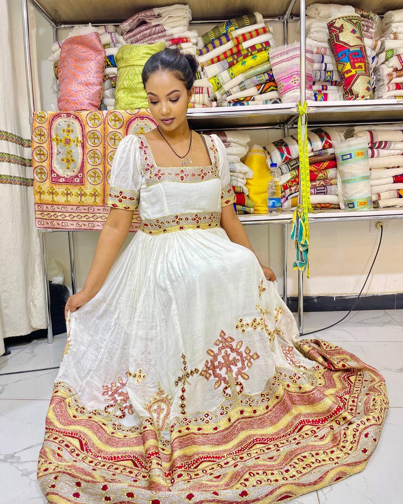Filo Cross Pattern Habesha Dress | Ethiopian Traditional Clothing ...