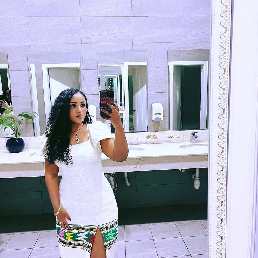 Fasika Modern Habesha Dress With Slit and Green Tilet | Ethiopian Women ...