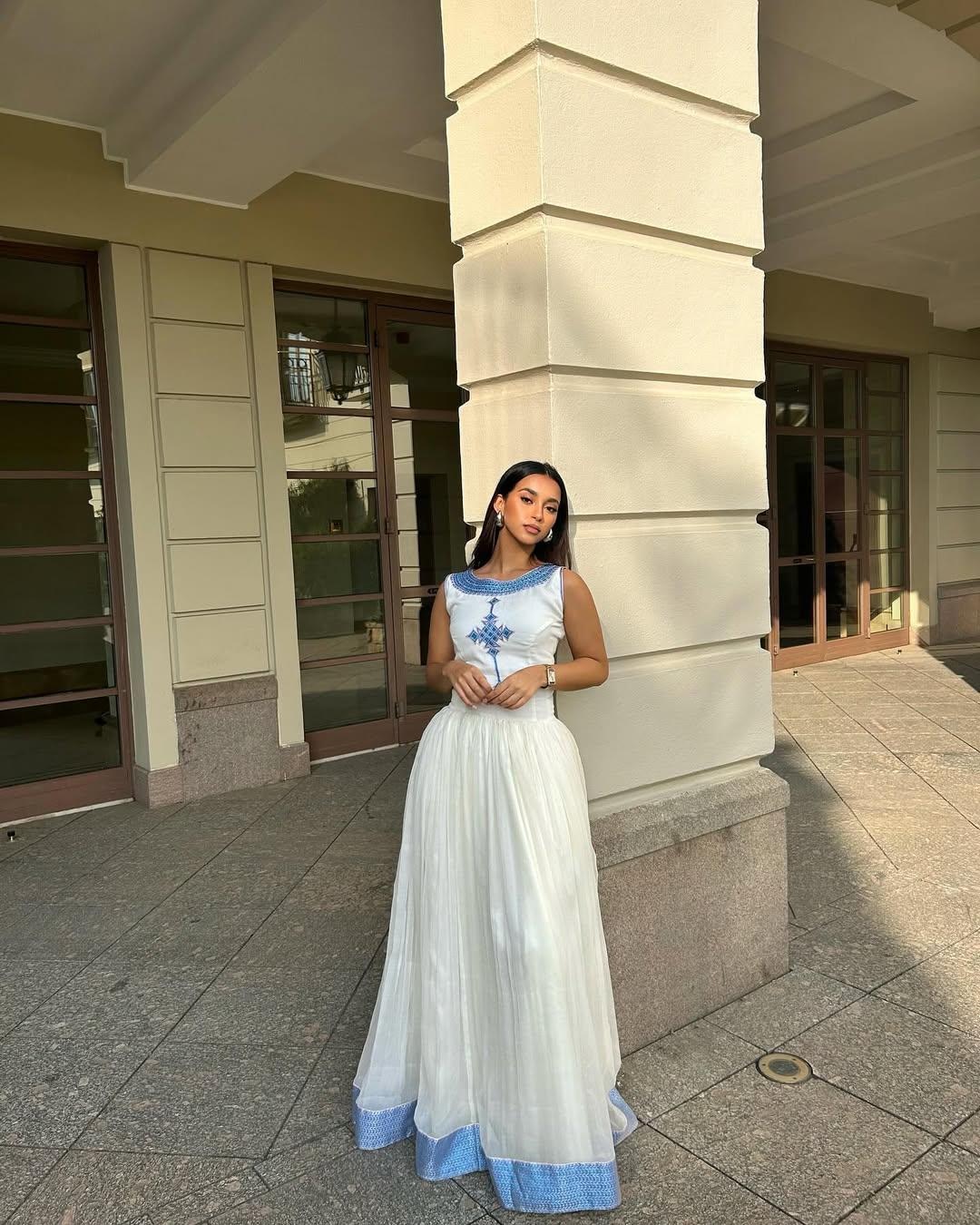 Merhawit Modern Habesha Dress | Sky Blue Tibeb Details Ethiopian Dress ...