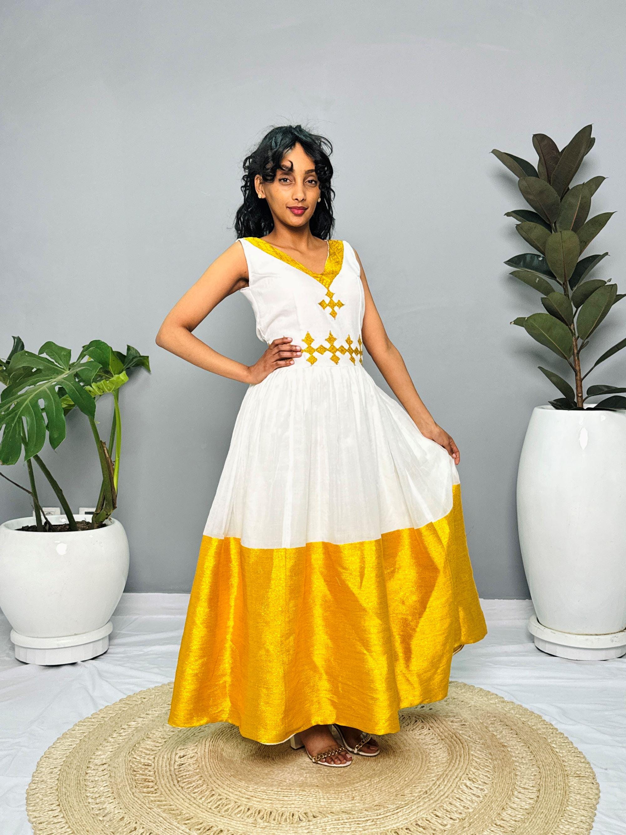 Modern Habesha Kemis | Elegant Ethiopian Handwoven Dress | Golden Tibeb ...