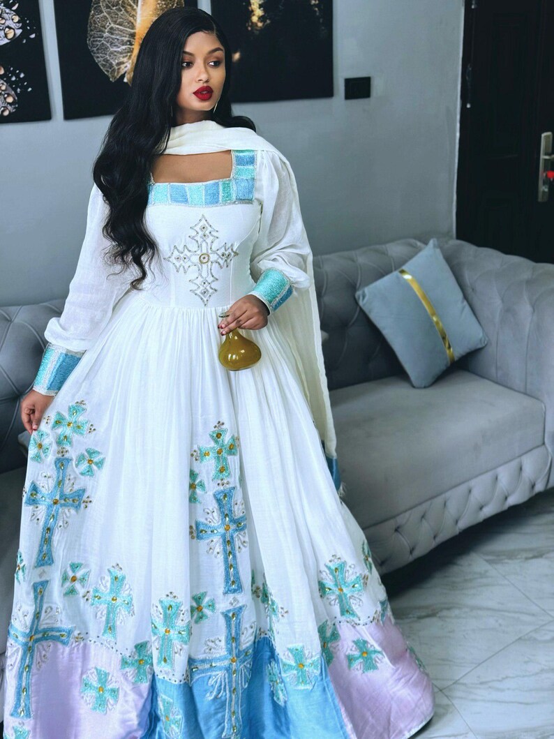 Tihun Turquoise & Lilac Embroidery Habesha Kemis | Habesha Dress Style ...