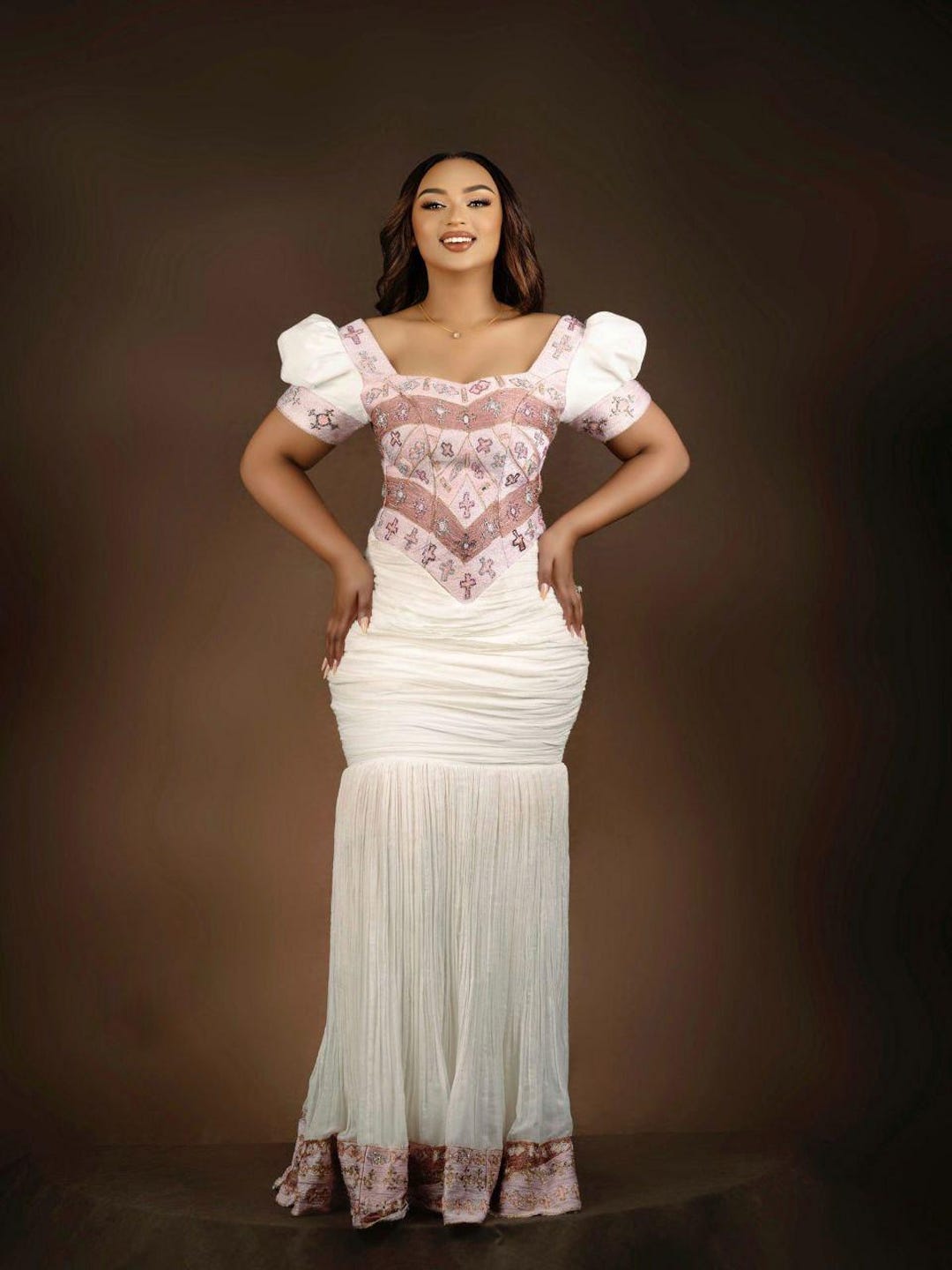 Hermela Modern Design Habesha Dress | Pink Embroidery Habesha Kemis ...