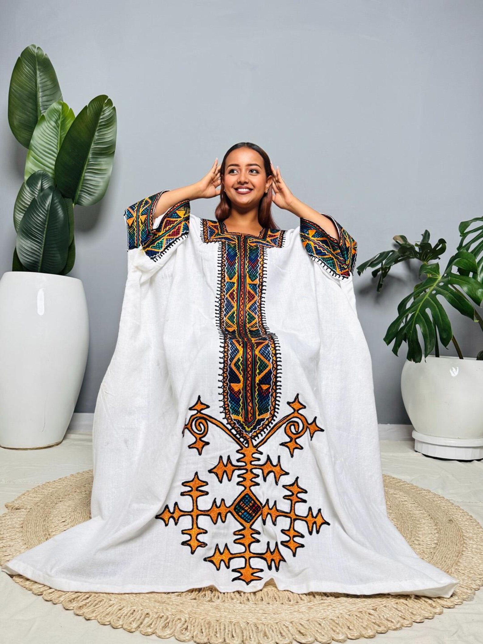 Traditional Ethiopian Habesha Kemis | White Cotton Dress | Orange Cross ...
