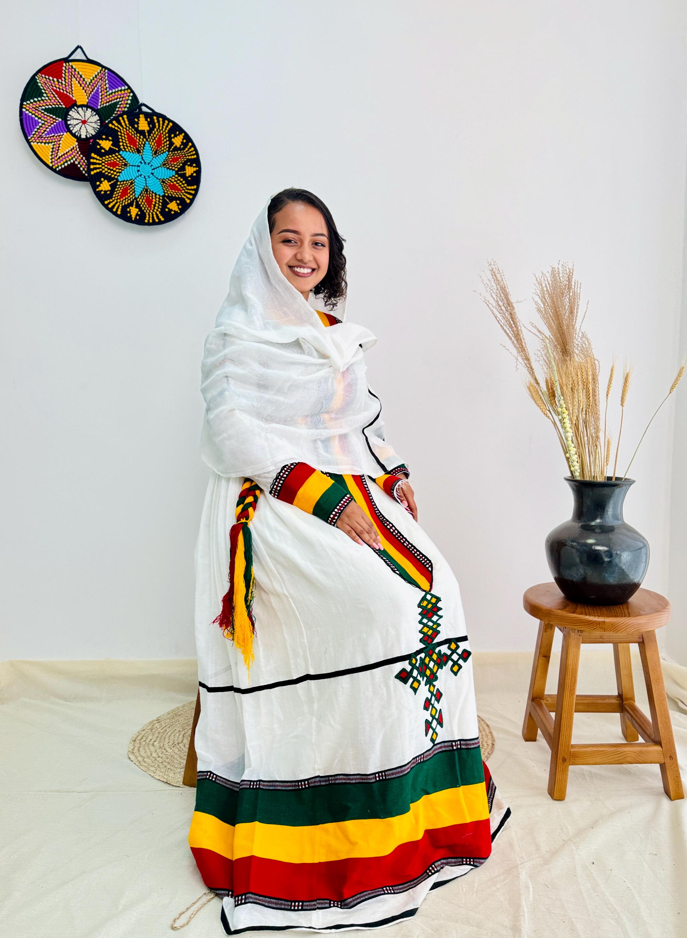 Ethiopian Flag-inspired Habesha Dress With Bold Green, Yellow, and Red ...