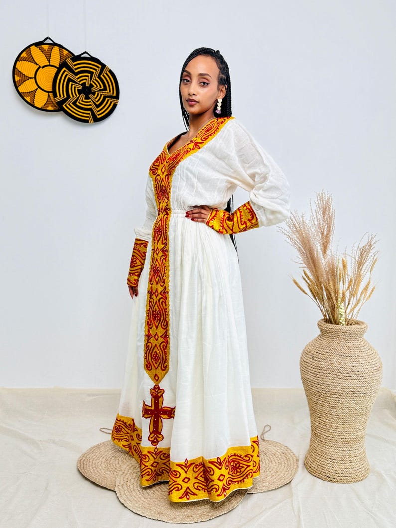 Habesha Dress Orange and Gold Full-sleeve Embroidered Design Special ...