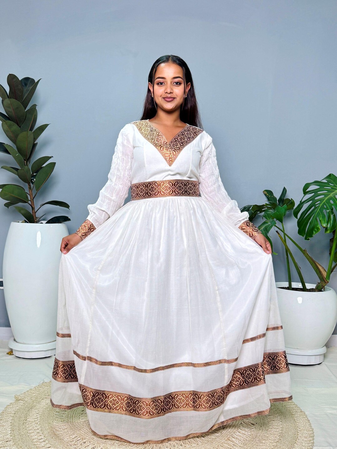 Ethiopian Handwoven White Dress | Elegant Brown & Gold Tibeb Embroidery ...