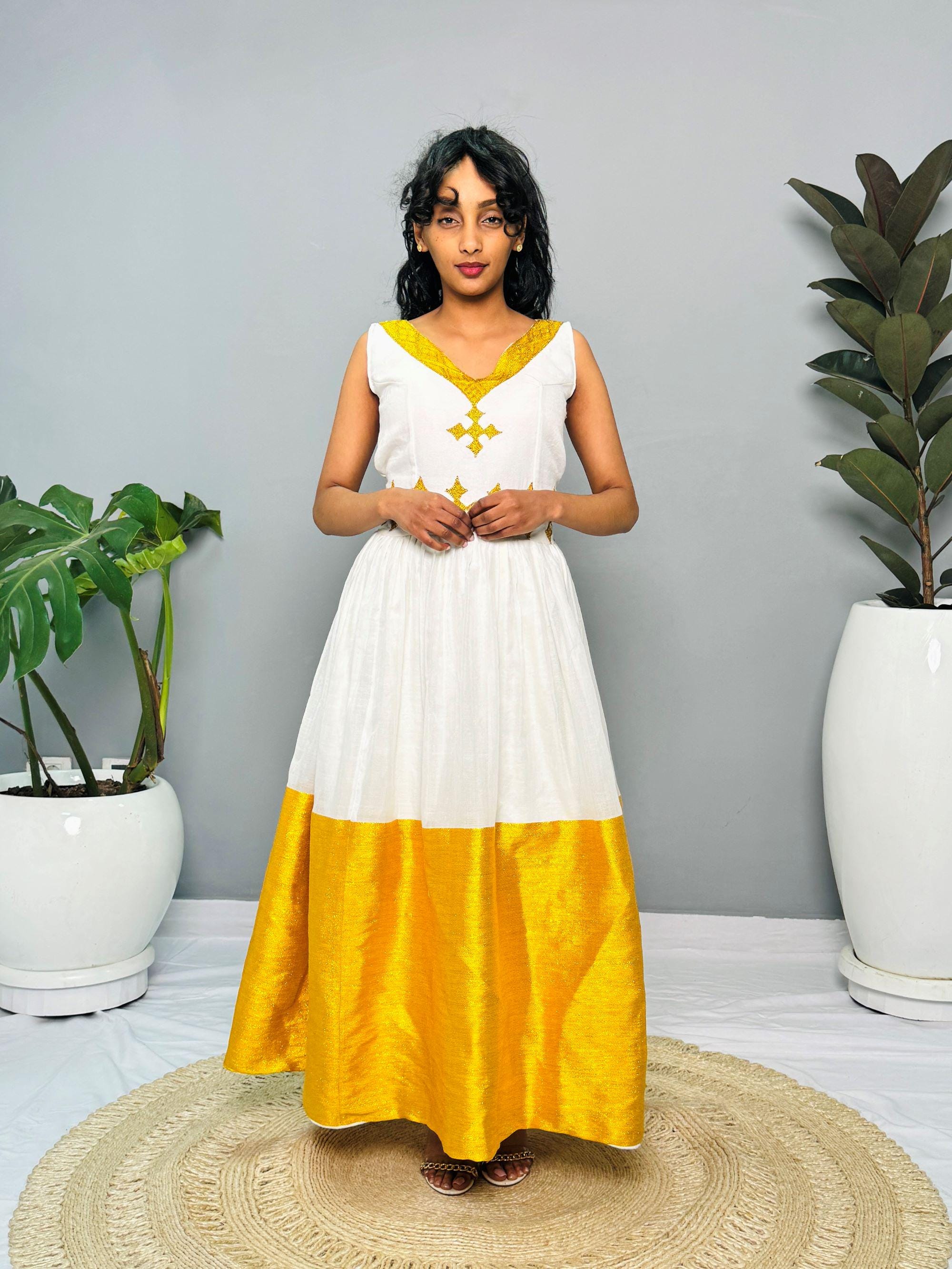 Modern Habesha Kemis | Elegant Ethiopian Handwoven Dress | Golden Tibeb ...