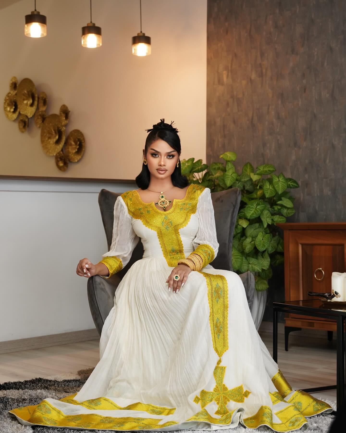 Lewam Ethiopian Traditional Dress | Habesha Kemis for Women | White and ...