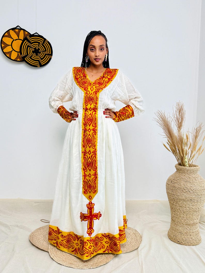 Habesha Dress Orange and Gold Full-sleeve Embroidered Design Special ...