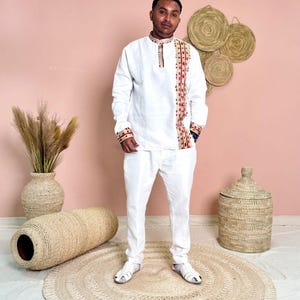 Ethiopian Men's Traditional Shirt & Pants Set | White With Red and Gold ...