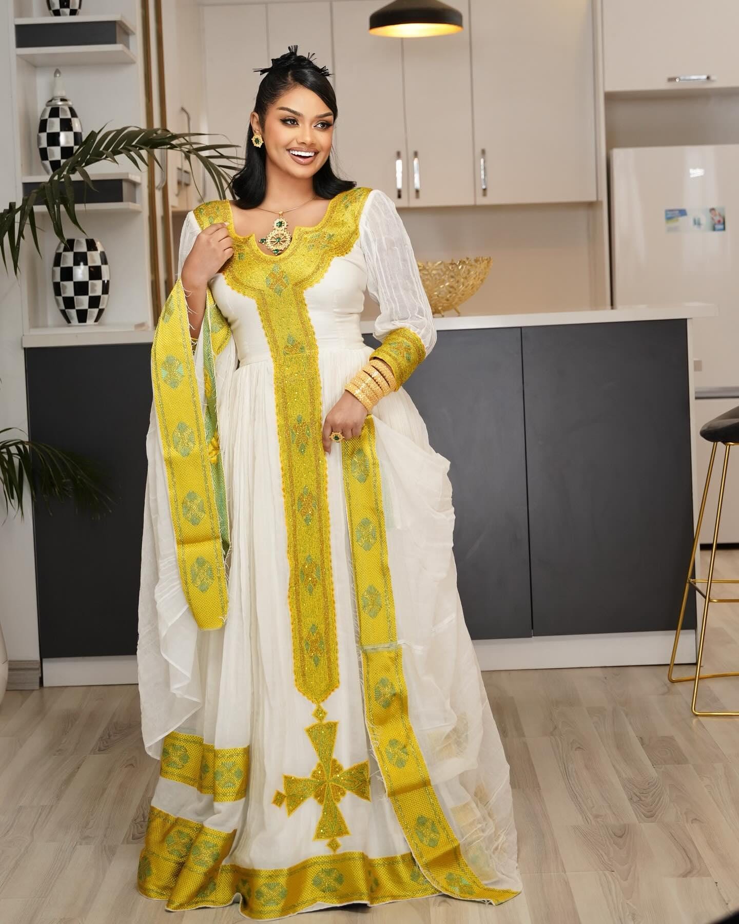 Lewam Ethiopian Traditional Dress | Habesha Kemis for Women | White and ...