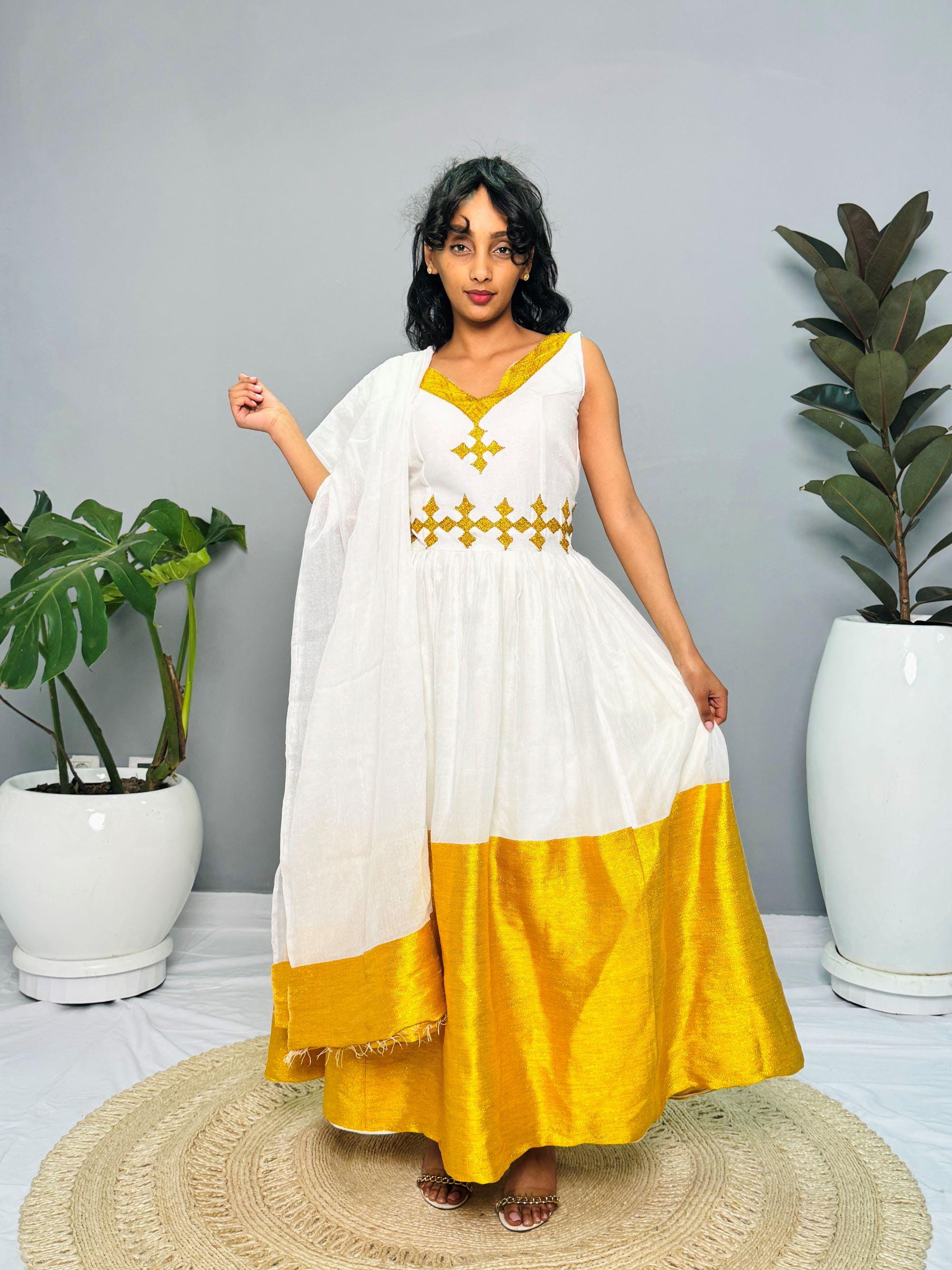 Modern Habesha Kemis | Elegant Ethiopian Handwoven Dress | Golden Tibeb ...