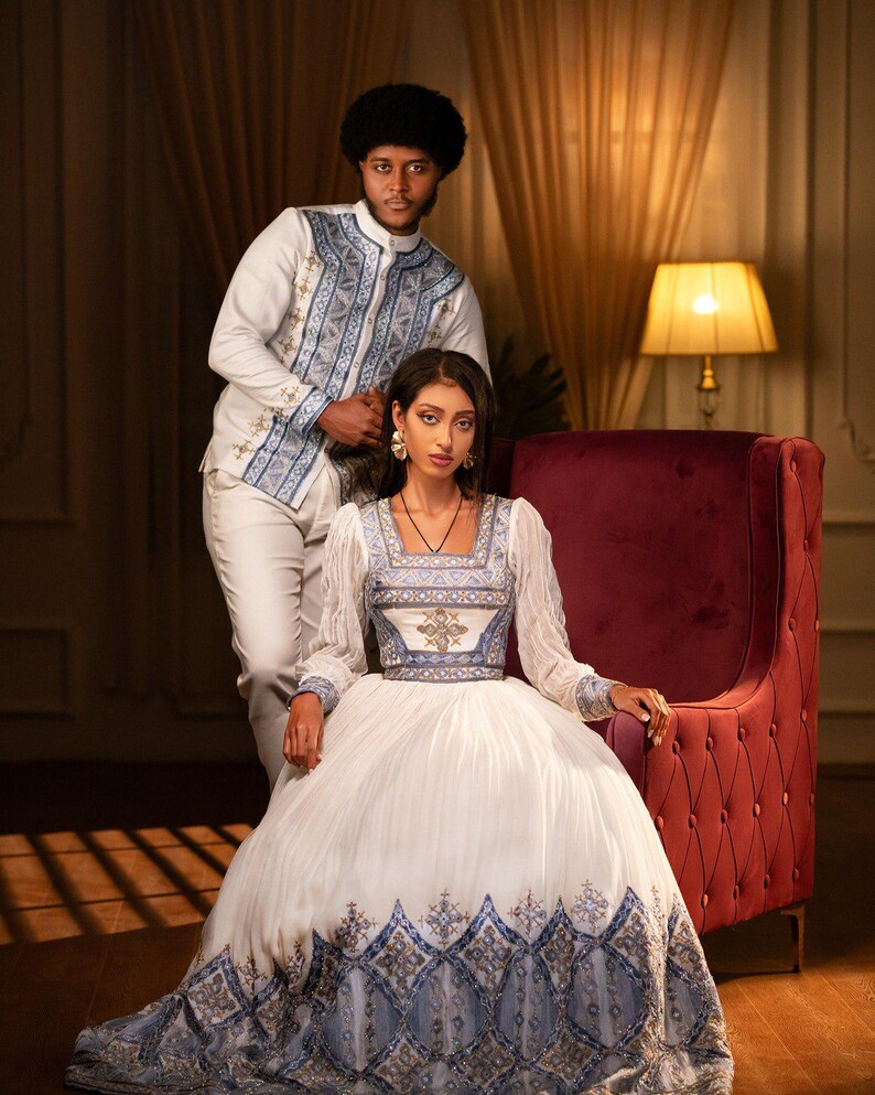 Etsub White & Blue Ethiopian Couple Outfit | Matching Habesha Kemis | Traditional Ethiopian ...