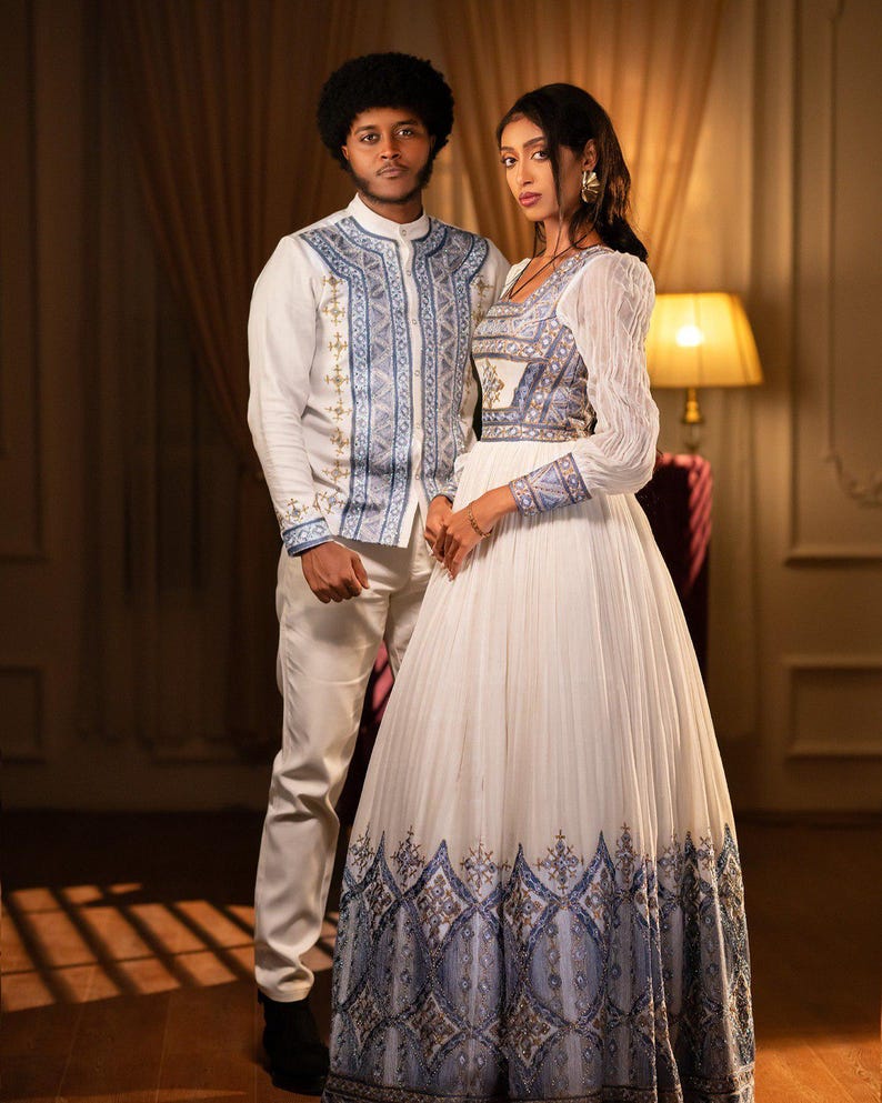 Etsub White & Blue Ethiopian Couple Outfit | Matching Habesha Kemis | Traditional Ethiopian ...