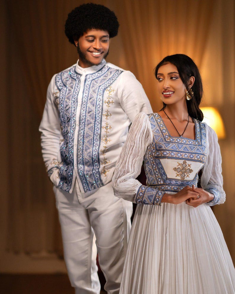 Etsub White & Blue Ethiopian Couple Outfit | Matching Habesha Kemis | Traditional Ethiopian ...