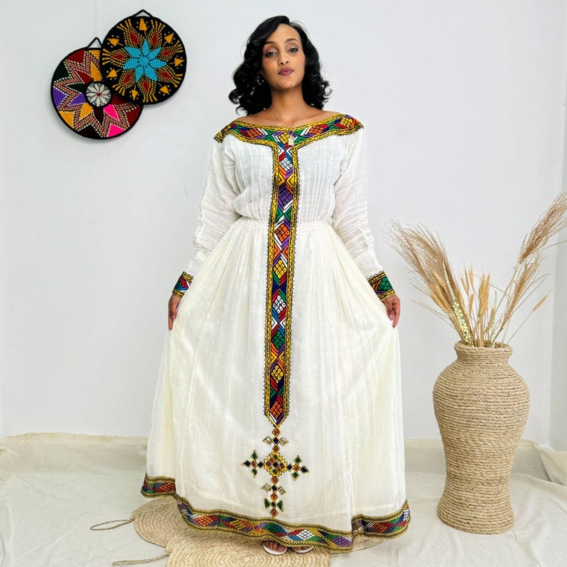 Handmade Ethiopian Traditional Dress | Habesha Kemis With Colorful ...