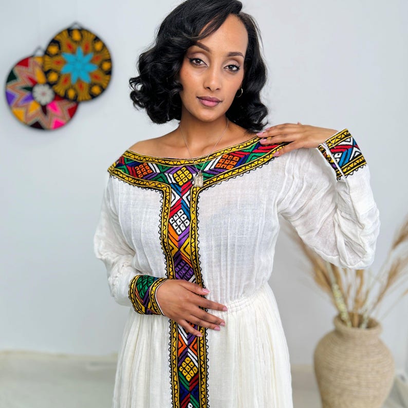 Handmade Ethiopian Traditional Dress | Habesha Kemis With Colorful Tibeb | White Cotton Cultural ...