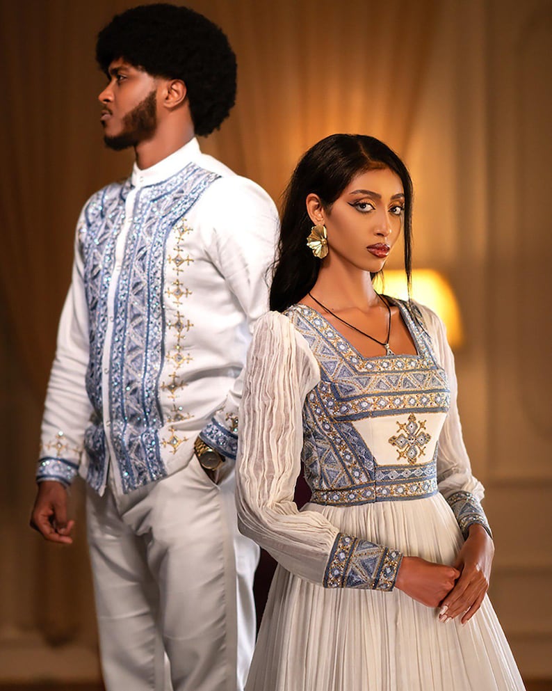 Etsub White & Blue Ethiopian Couple Outfit | Matching Habesha Kemis | Traditional Ethiopian ...